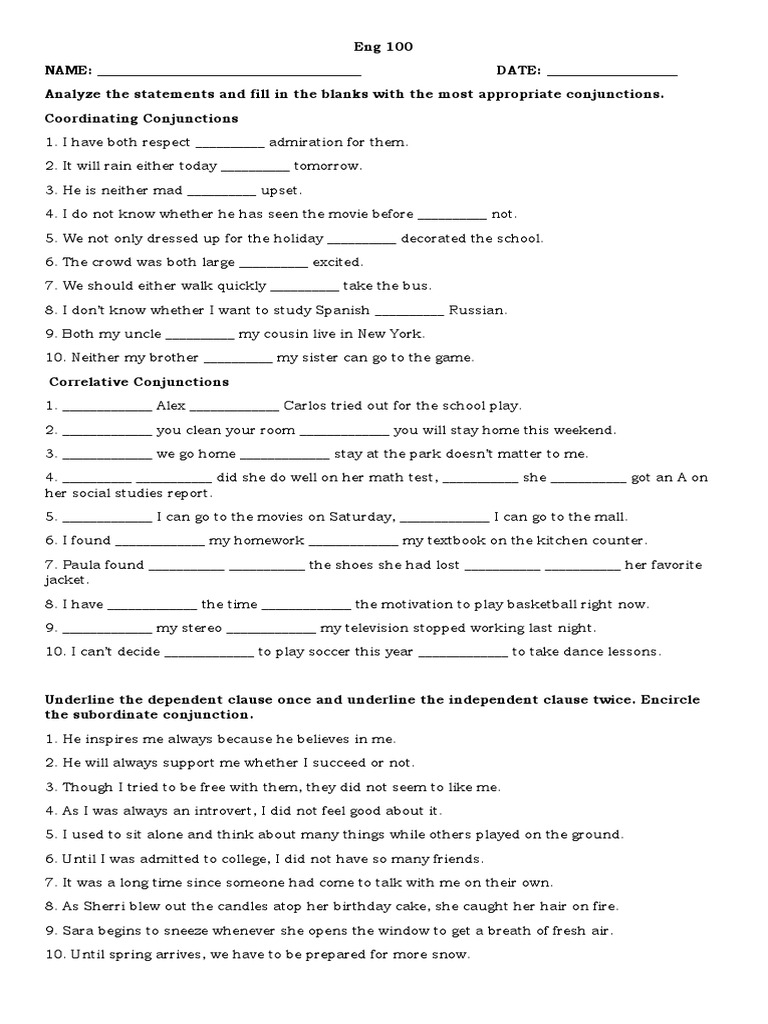 Conjunctions Practice Worksheet | PDF | Self-Improvement | Wellness