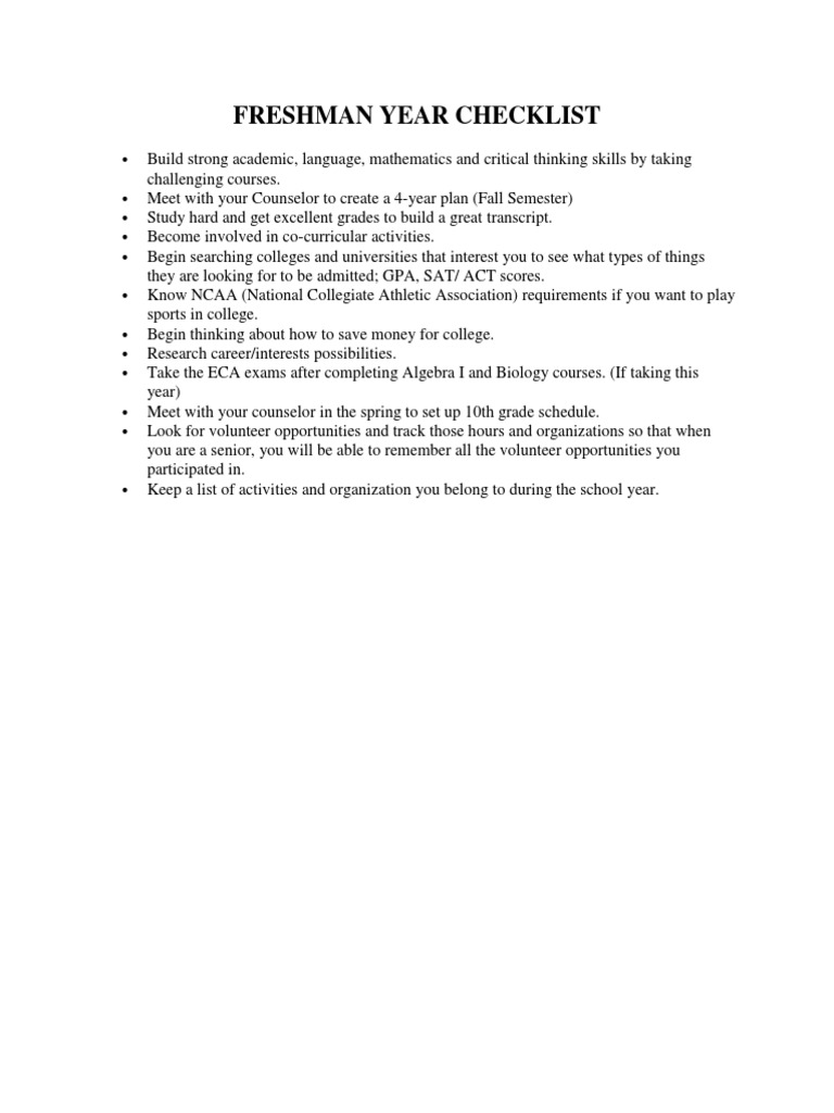 Freshman Year High School Checklist | PDF