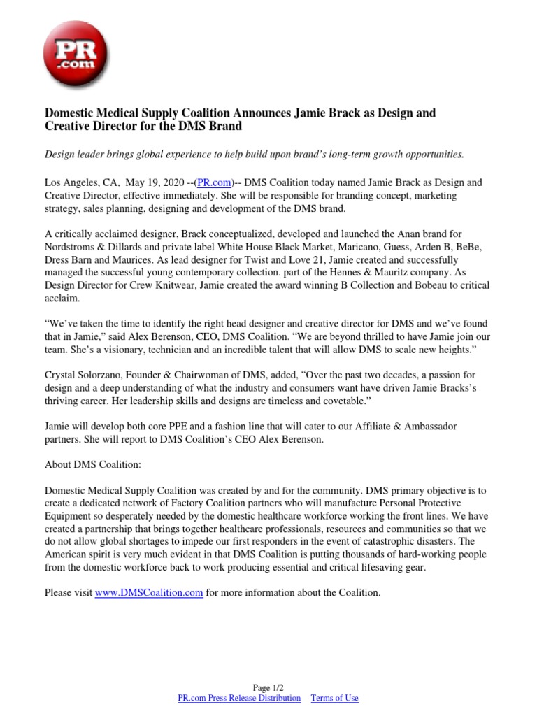 Domestic Medical Supply Coalition Announces Jamie Brack As Design and ...