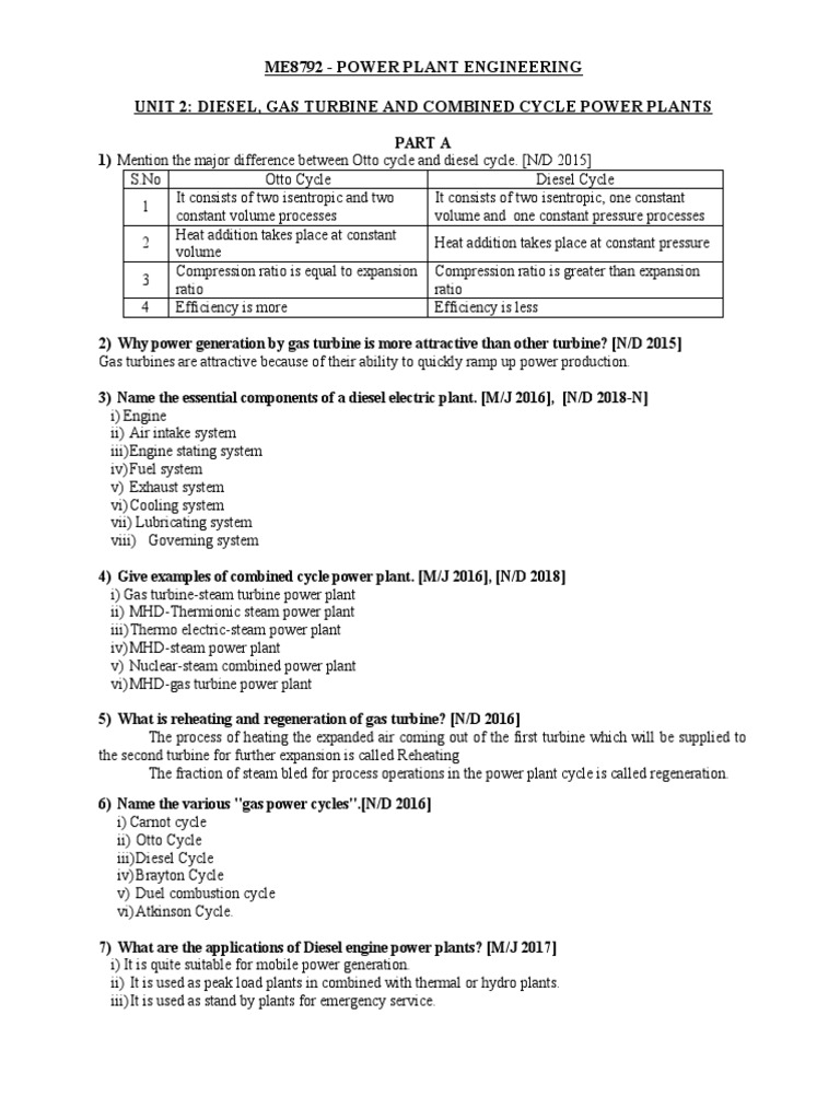 Me8792 - Power Plant Engineering Unit 2: Diesel, Gas Turbine and Combined Cycle Power Plants ...