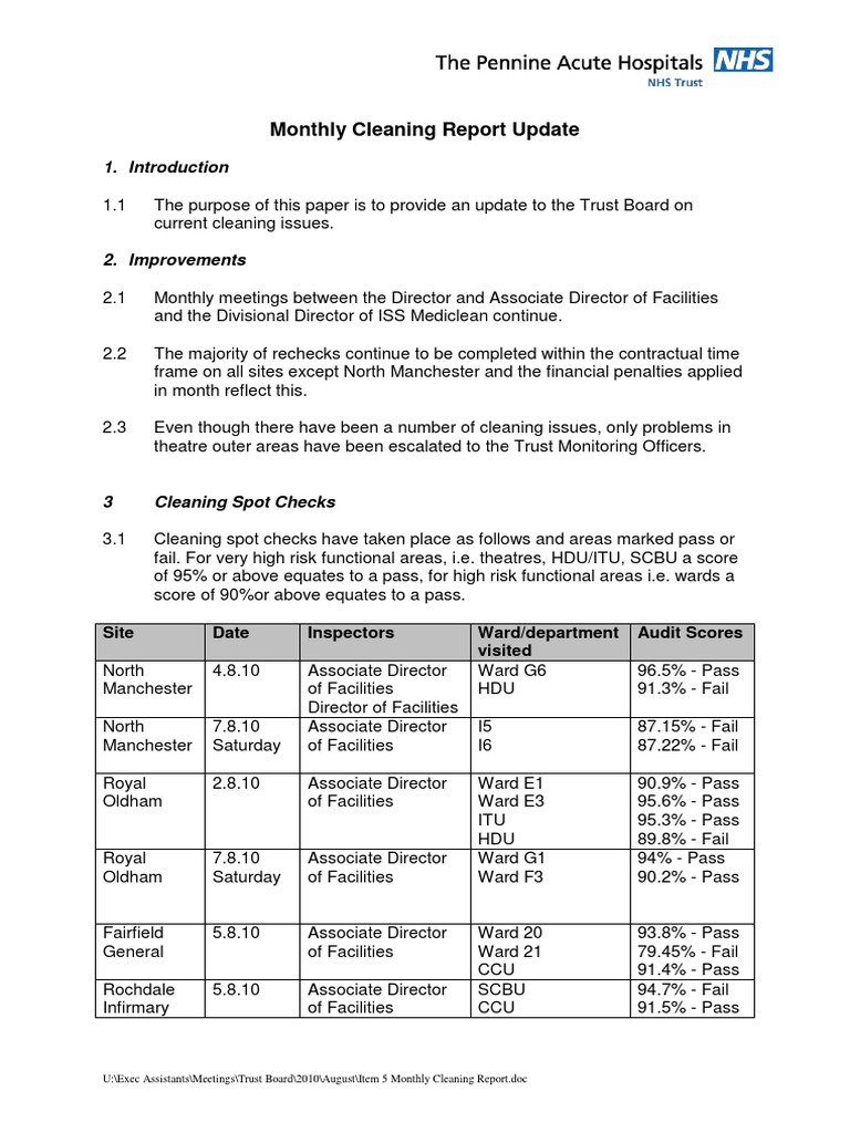 Monthly Cleaning Report Summary | PDF | Intensive Care Unit | Hospital