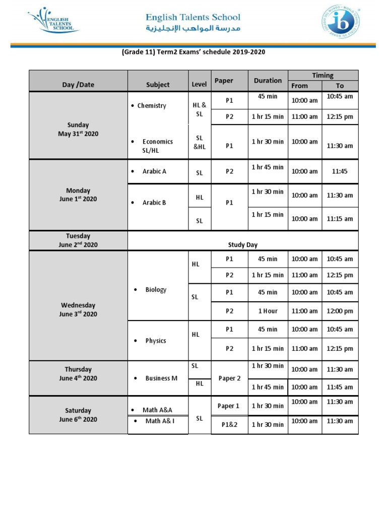 (Grade 11) Term2 Exams' Schedule 2019-2020: Level | PDF | Biology | Nature