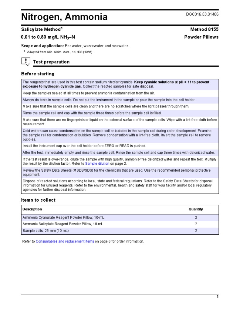 Nitrogen, Ammonia: Salicylate Method Method 8155 0.01 To 0.80 MG/L NH ...