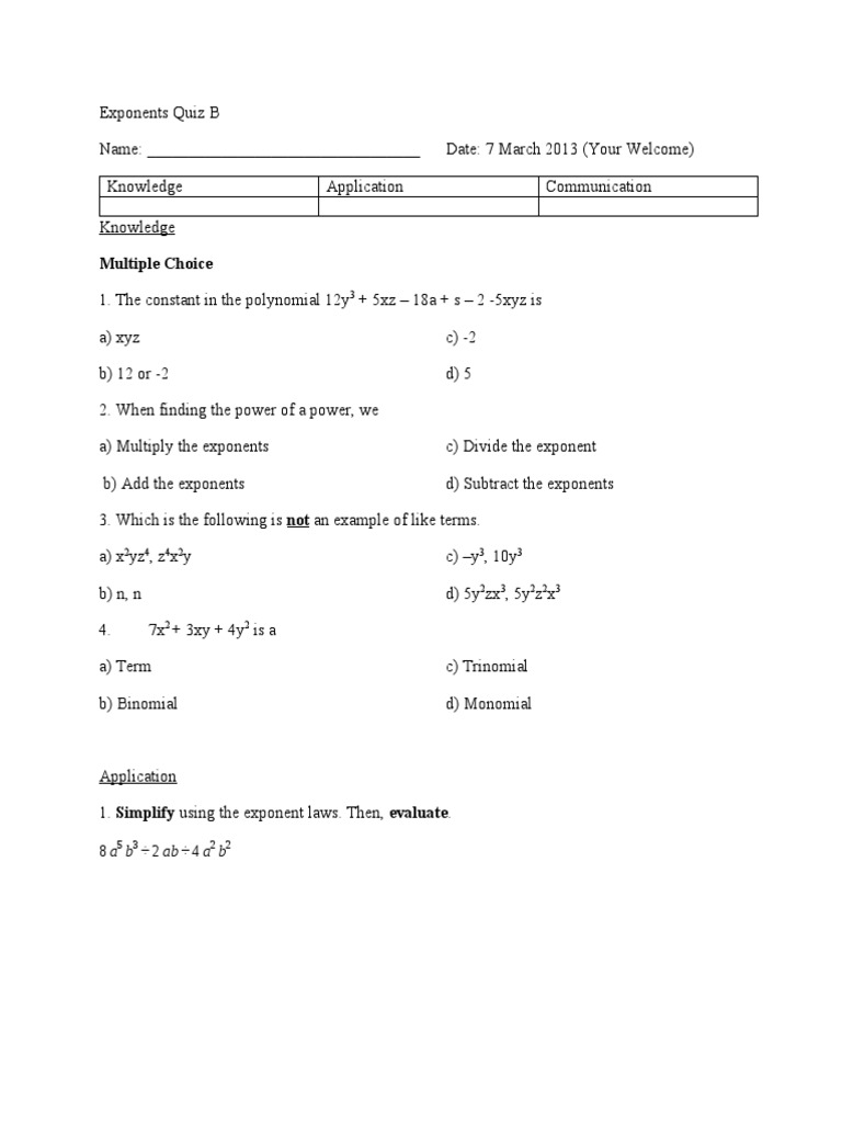 Exponents Quiz B | PDF