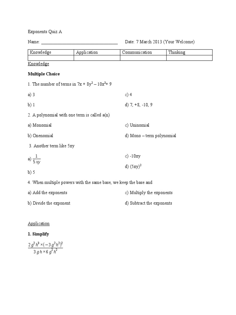 Exponents Quiz Grade 9 A | PDF