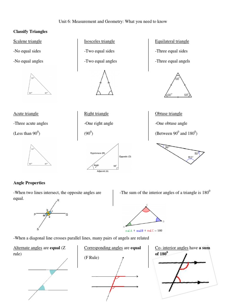 Unit 6 Measurement and Geometry Summary | PDF | Triangle | Geometric Shapes