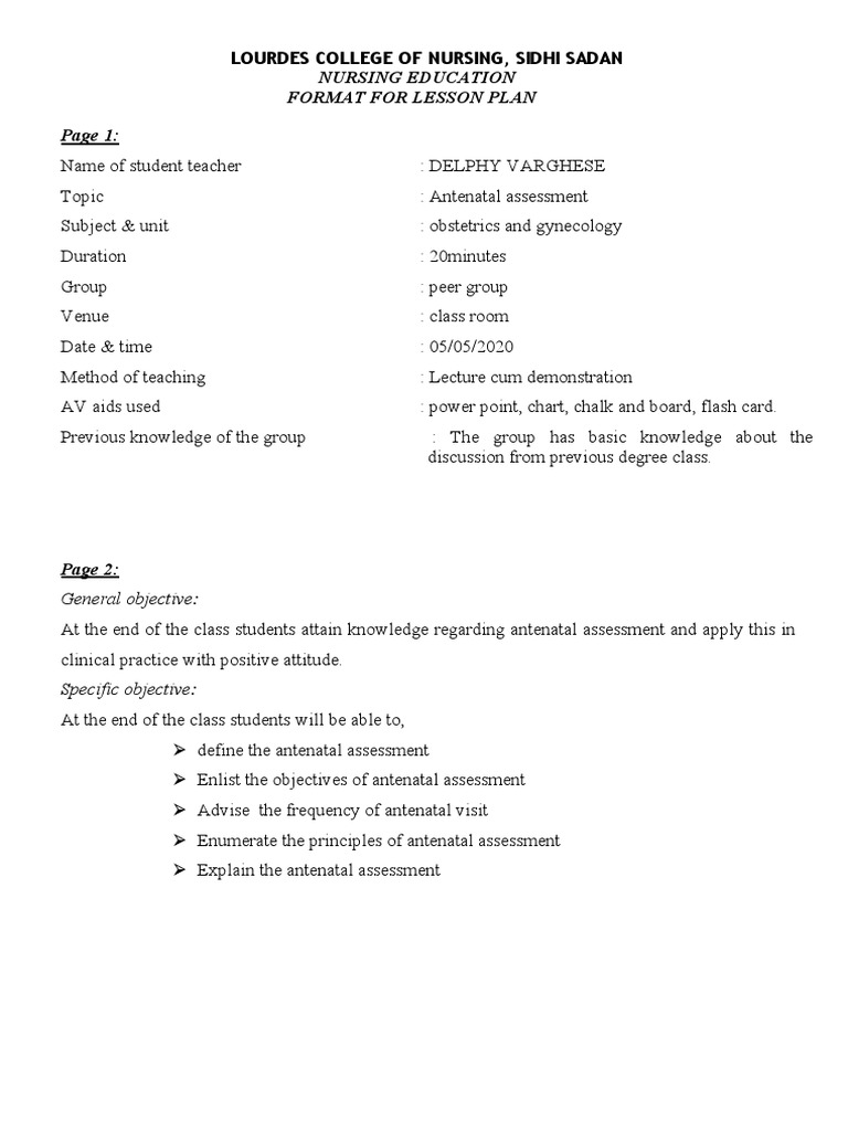 Lesson Plan Antenatal Assessment | Download Free PDF | Obstetrics ...