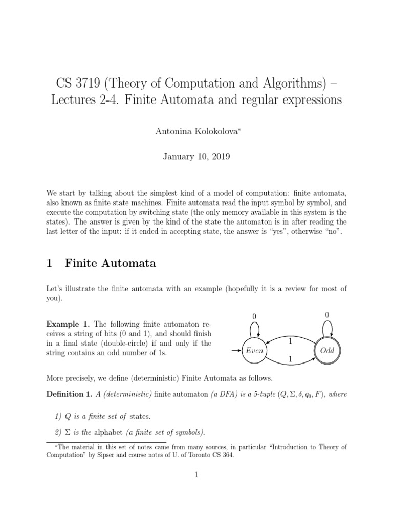 CS 3719 (Theory of Computation and Algorithms) - Lectures 2-4. Finite Automata and Regular ...
