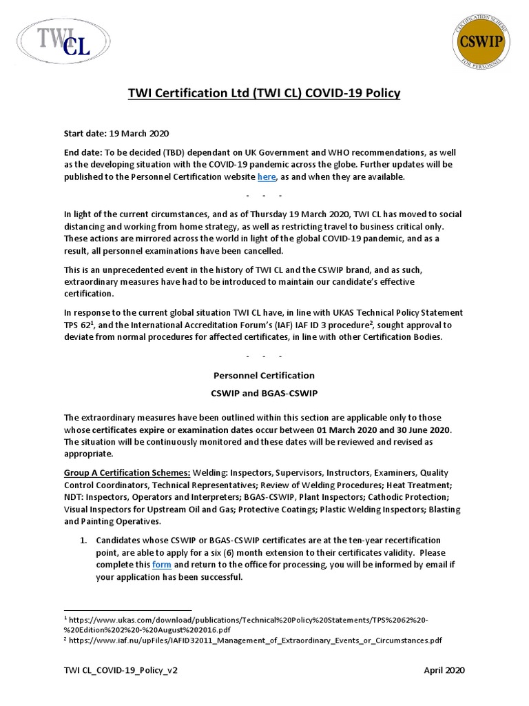 TWI Certification LTD (TWI CL) COVID-19 Policy | PDF | Business
