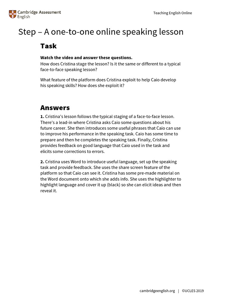 Step - A One-To-One Online Speaking Lesson: Watch The Video and Answer ...