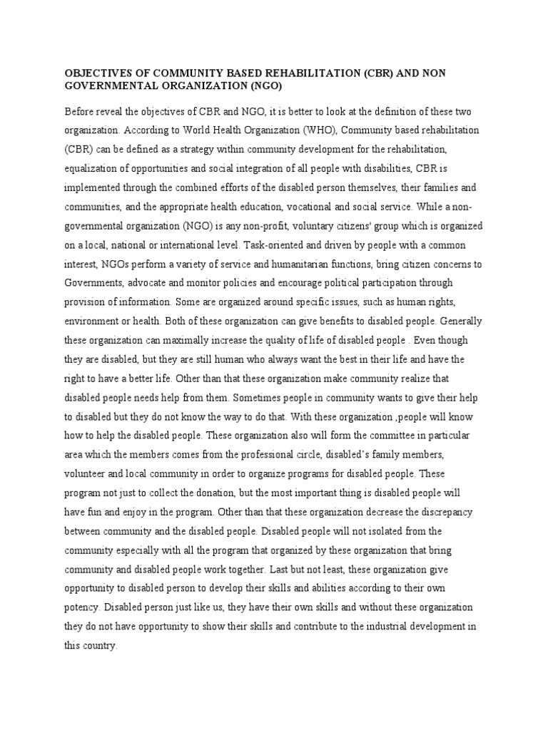 Objectives of Community-Based Rehabilitation | PDF | Non Governmental ...