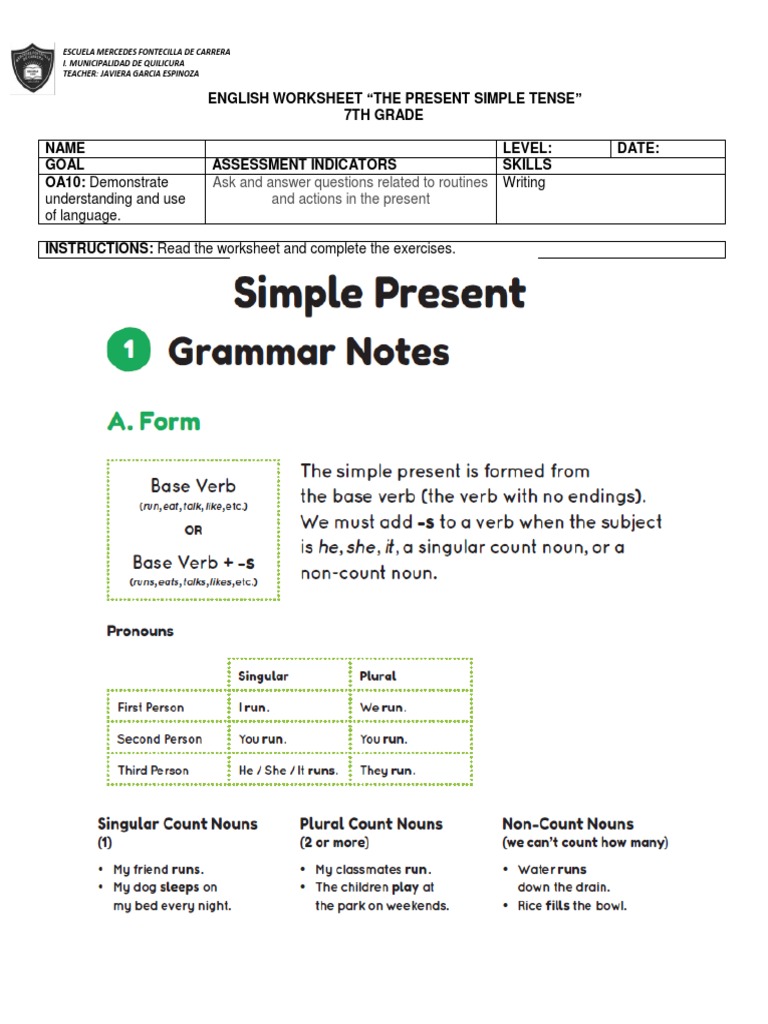 7th GRADE WORKSHEET PRESENT SIMPLE PDF | PDF | Arte