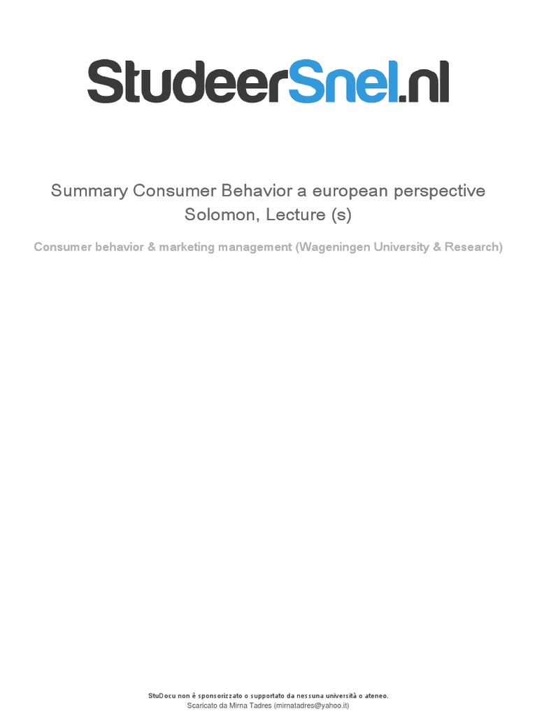 Summary Consumer Behavior A European Perspective Solomon Lecture S | Download Free PDF ...