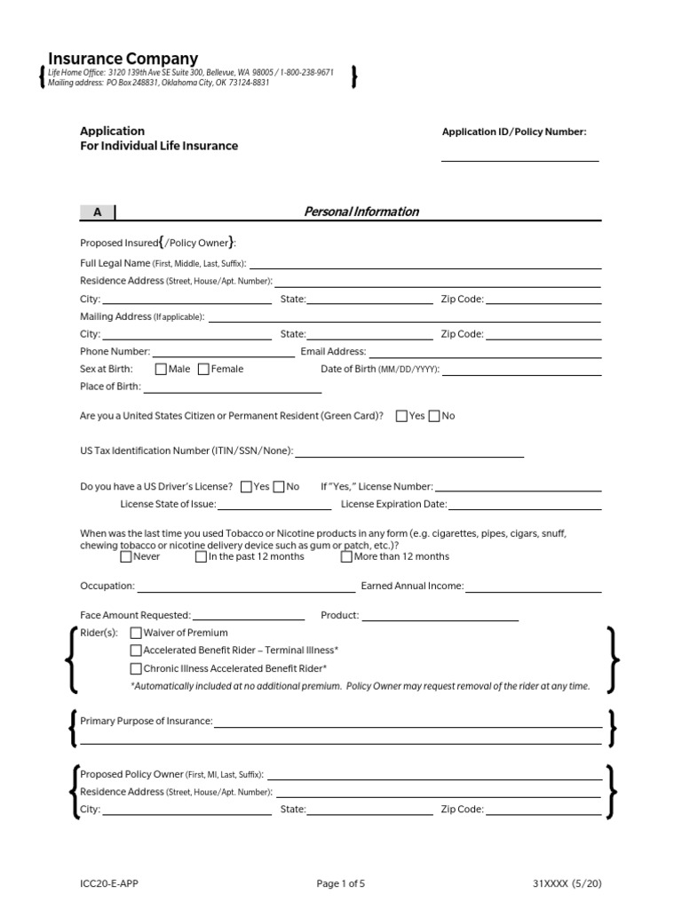 Insurance Company: Application For Individual Life Insurance | PDF ...