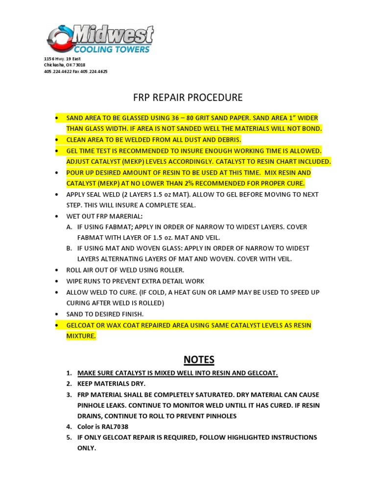 FRP Repair Procedure: Notes | PDF