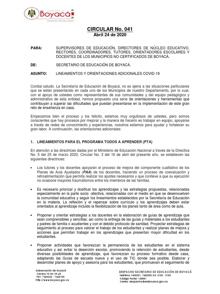 DS Circular 041 Del 24abr2020 Lineamientos Covid19 PDF | PDF | Evaluación | Tecnología de ...