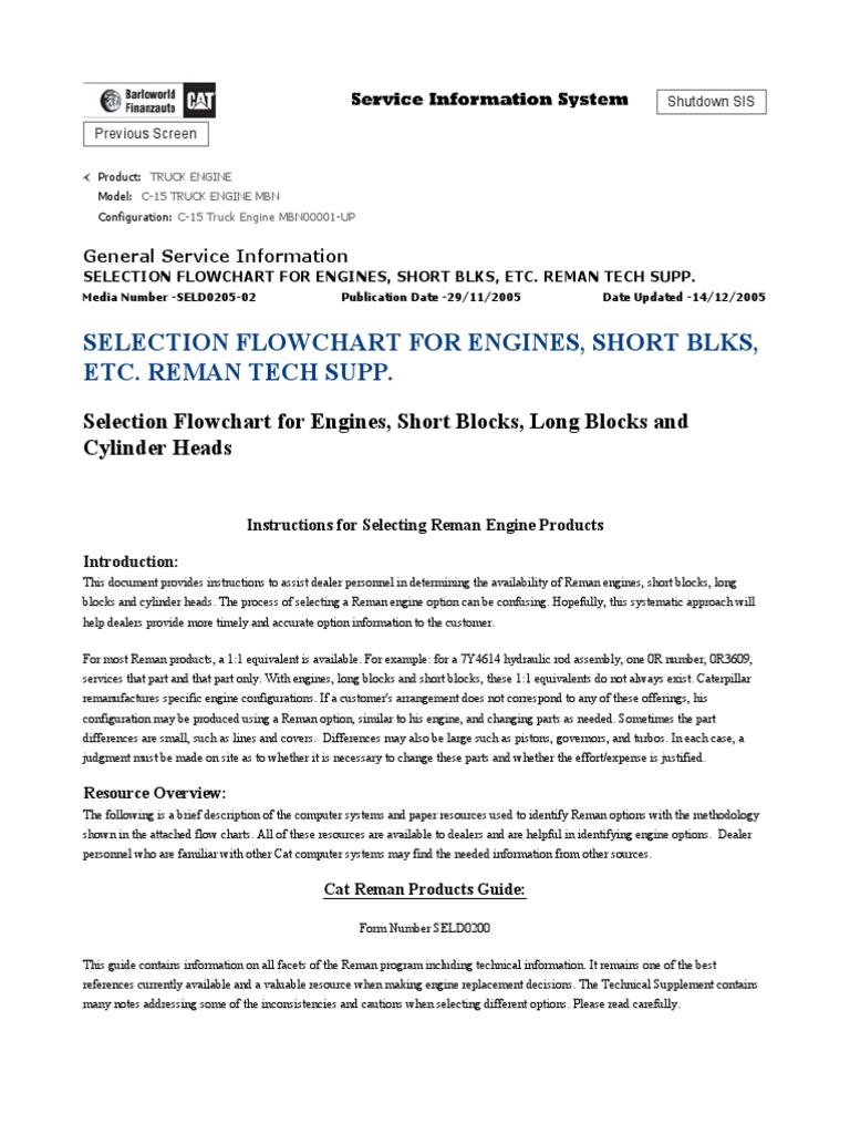 Selection Flowchart For Engines, Short BLKS, Etc. Reman Tech Supp ...