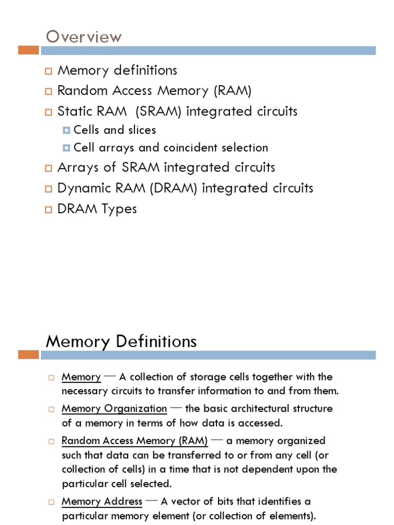 Memory Definitions Random Access Memory (RAM) Static RAM (SRAM) Integrated Circuits | PDF ...
