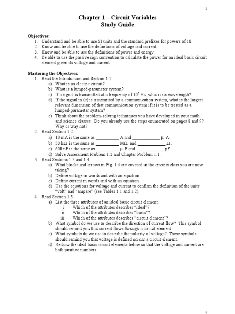 Chapter 1 - Circuit Variables Study Guide: Objectives | PDF | Electrical Network | Voltage