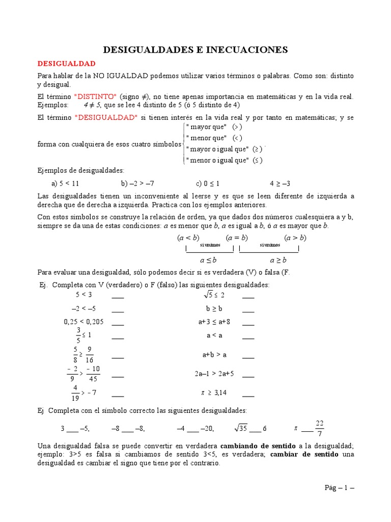Desigualdades e Inecuaciones PDF | PDF | Desigualdad (Matemáticas) | Intervalo (Matemáticas)