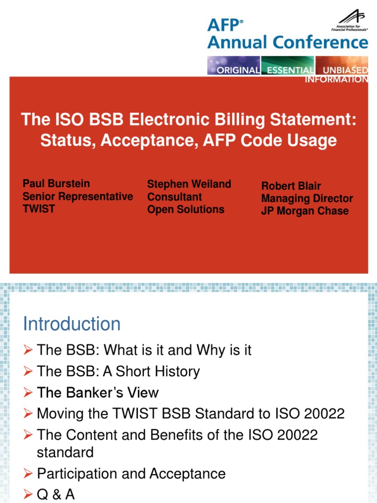 The ISO BSB Electronic Billing Statement: Status, Acceptance, AFP Code ...