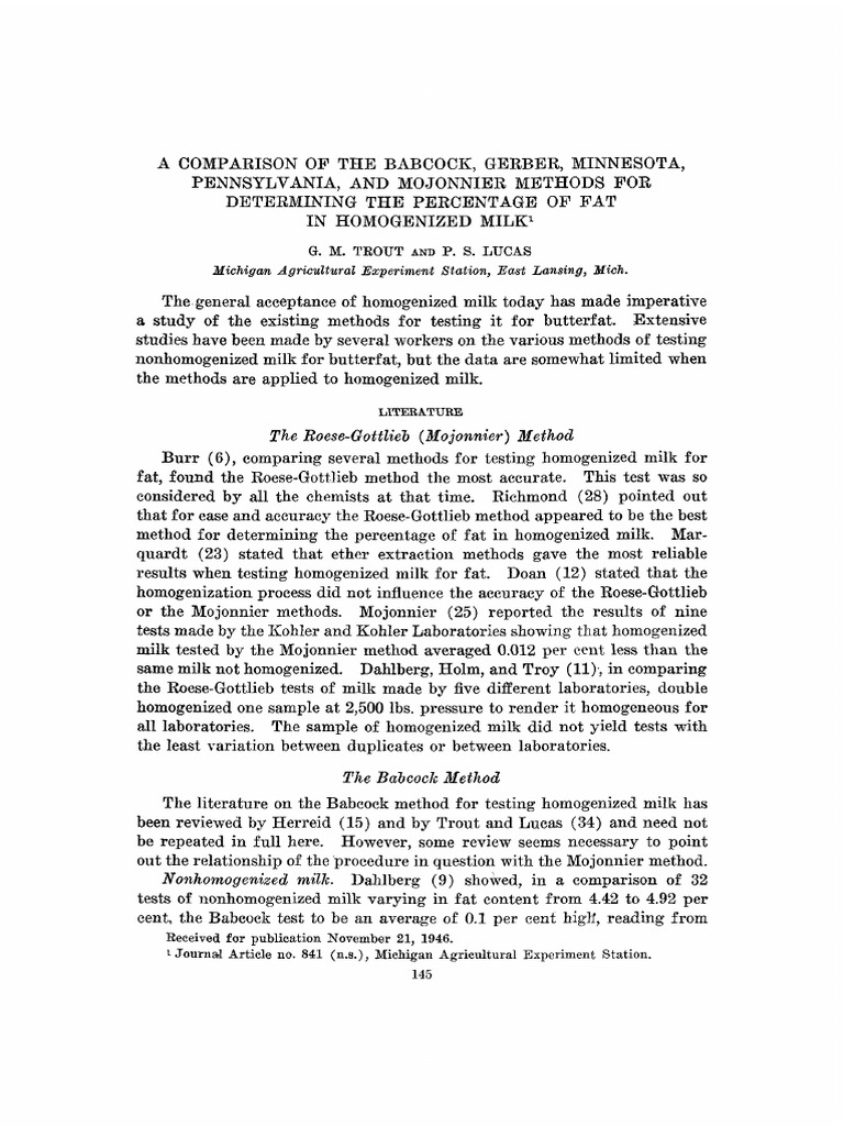 The Roese-Gottlieb (Mojonnier) Method: Michigan Agricultural Experiment ...