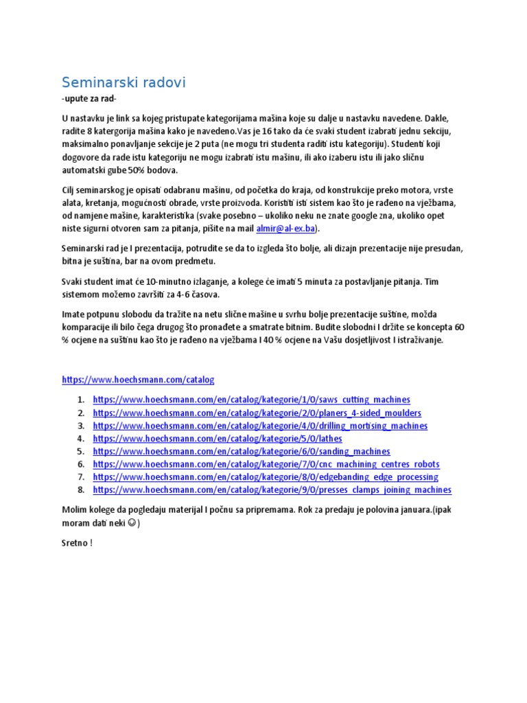Seminarski Radovi Mašine I Alati Upute Za Rad | PDF