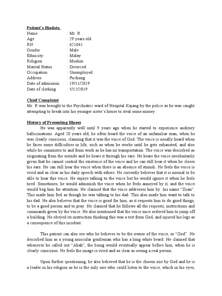Comprehensive Psychiatric Assessment Report of Mr. R, a 29-Year-Old Man ...