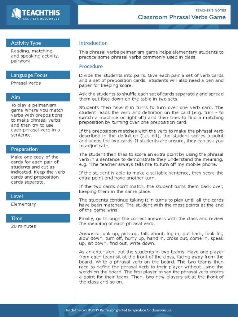 Classroom Phrasal Verbs Game PDF | PDF | English As A Second Or Foreign ...