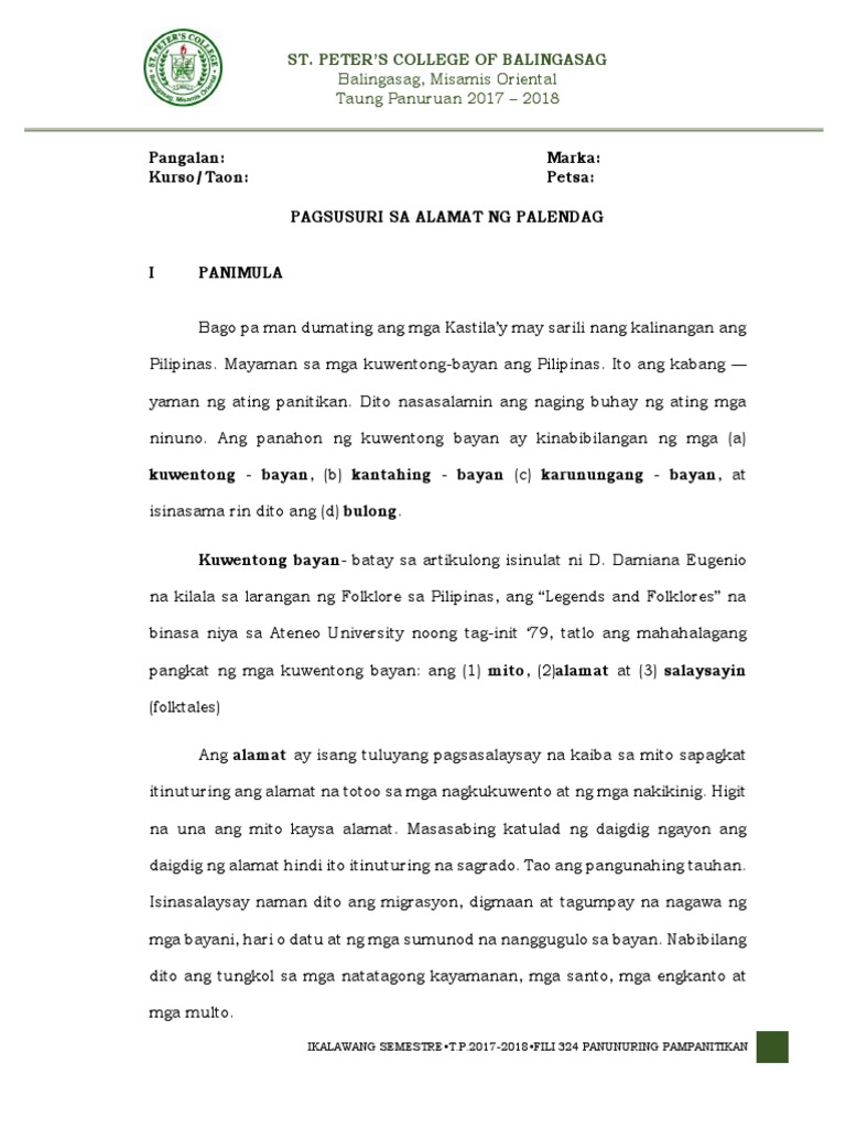 Pagsusuri Sa Alamat NG Palendag PDF | PDF