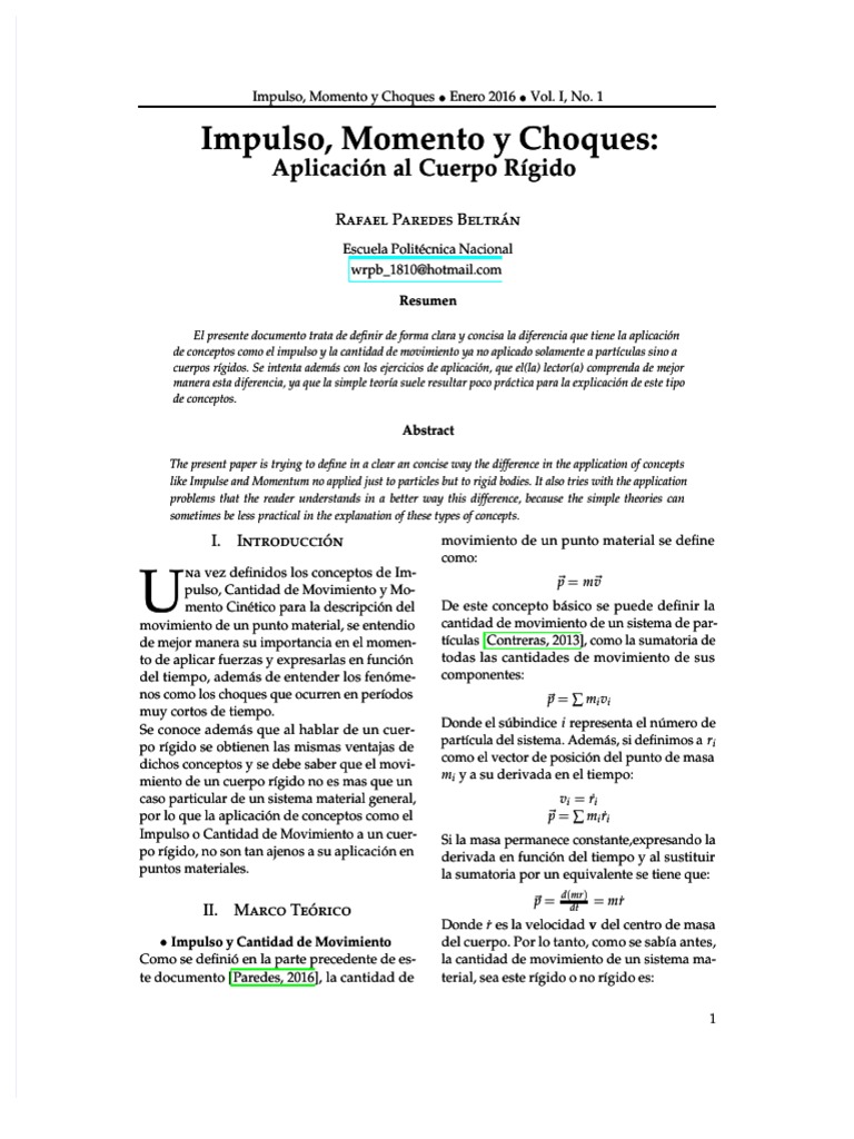 (PDF) Impulso, Momento y Choques Cuerpo Rigido | PDF | Momento angular | Impulso