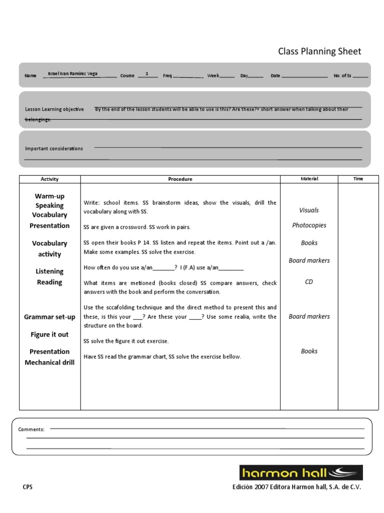 Class Planning Sheet: Warm-Up Speaking Vocabulary Presentation ...