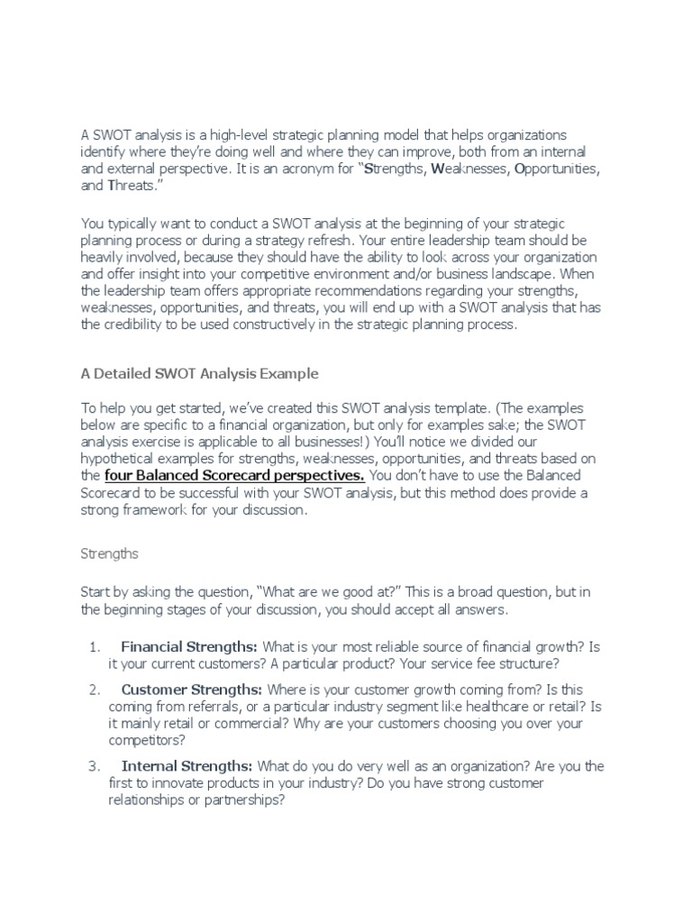 A Detailed SWOT Analysis Example: Four Balanced Scorecard Perspectives ...