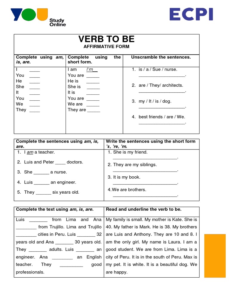 Verb To Be: Affirmative Form Complete Using Am, Complete Using The ...