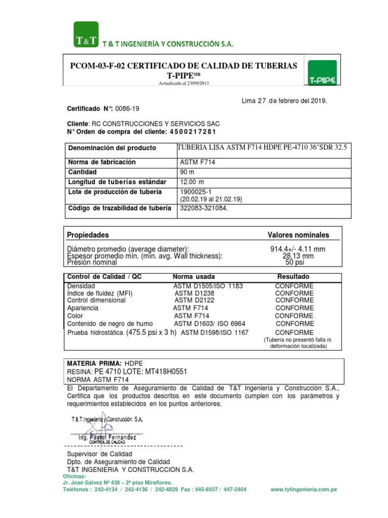 Certificado Calidad Tuberia HDPE T-PIPE - 36 Pulg SDR 32.5 PE 4710 PDF ...