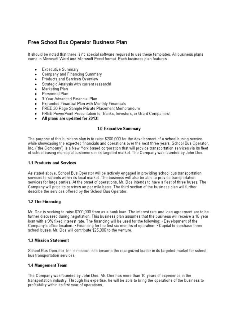 Free School Bus Operator Business Plan | PDF | Bus | School Bus