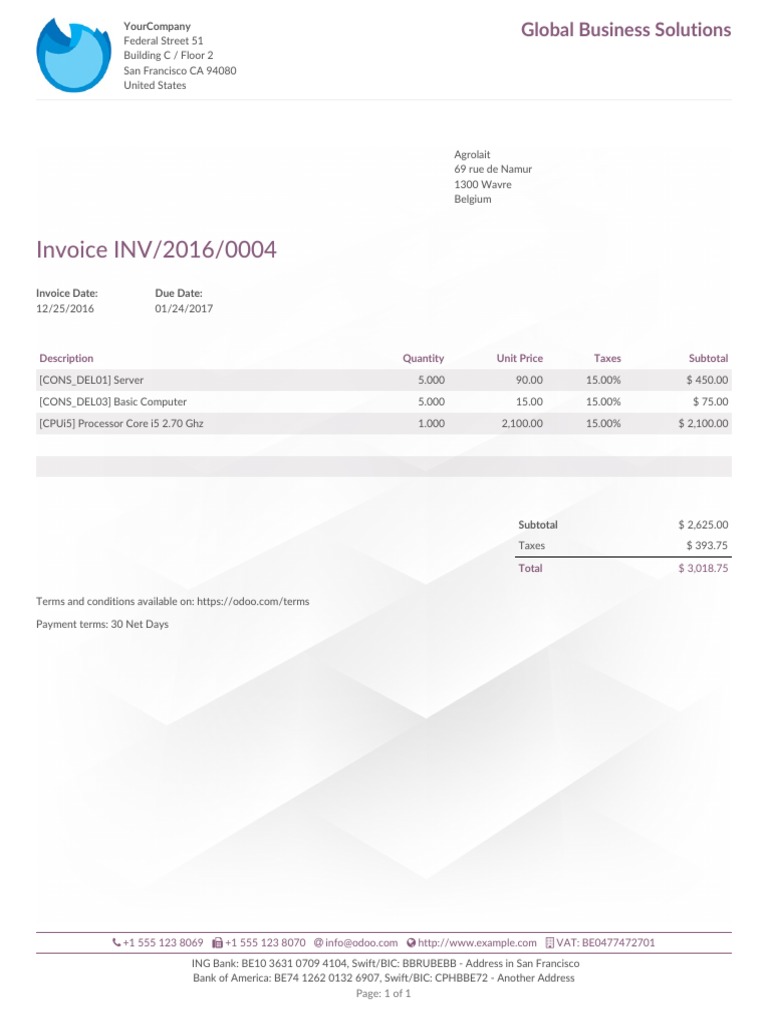 Invoice INV/2016/0004: Description Quantity Unit Price Taxes Subtotal | PDF