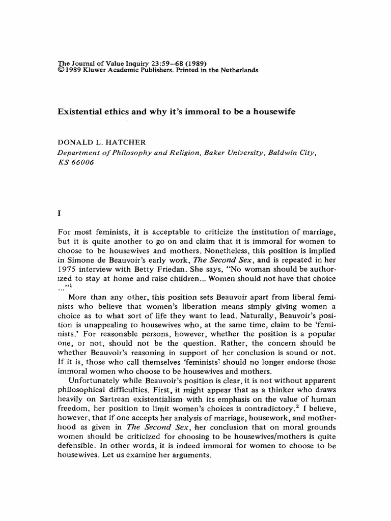 Existential Ethics and Why It's Immoral To Be A Housewife | PDF | Free Will | Existentialism