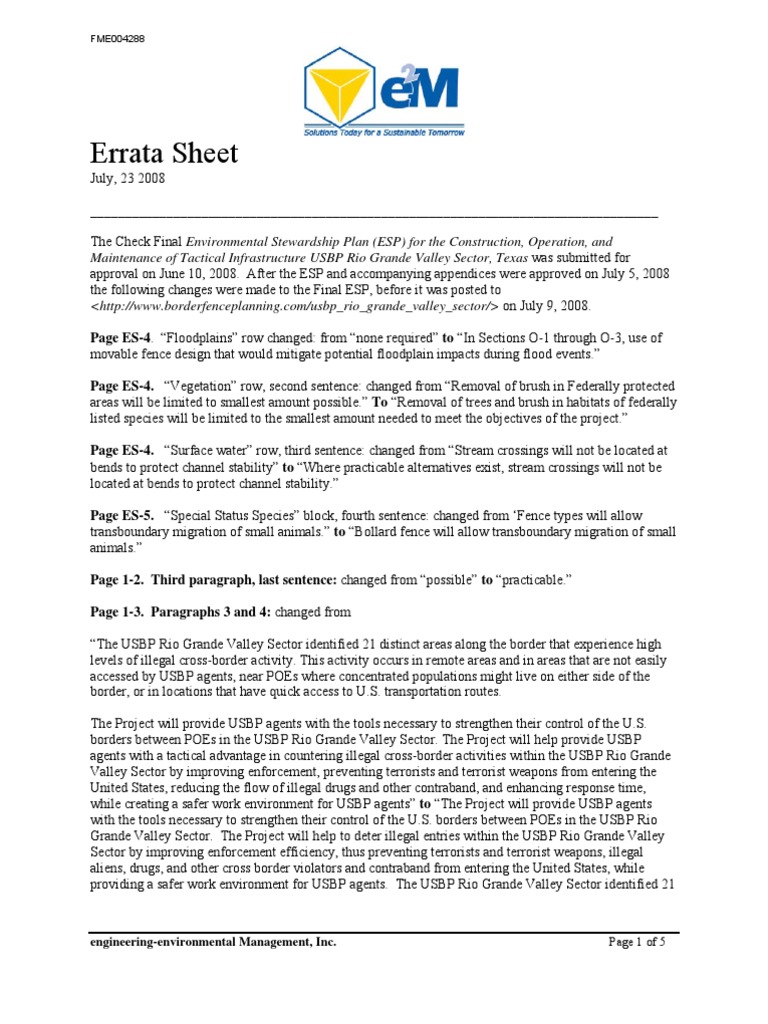 Errata Sheet: Maintenance of Tactical Infrastructure USBP Rio Grande ...