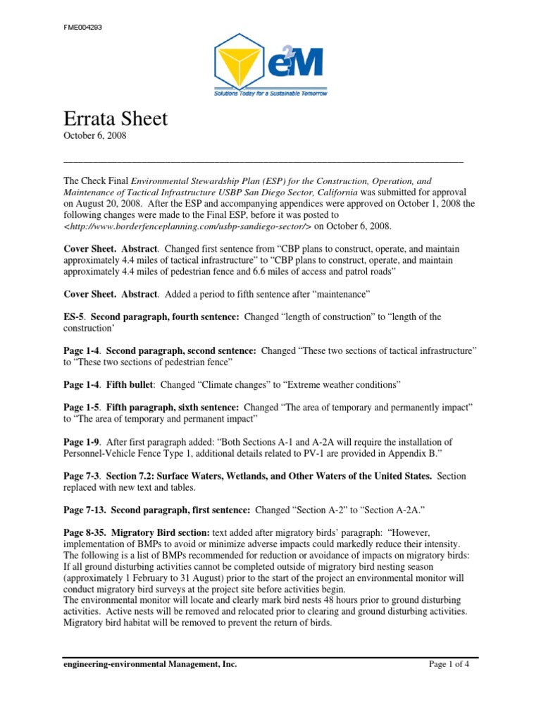 Errata Sheet: Maintenance of Tactical Infrastructure USBP San Diego ...