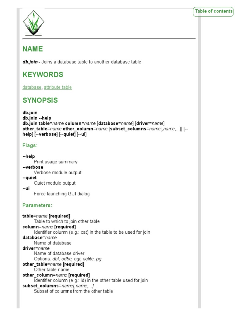 DB - Join - GRASS GIS Manual | PDF