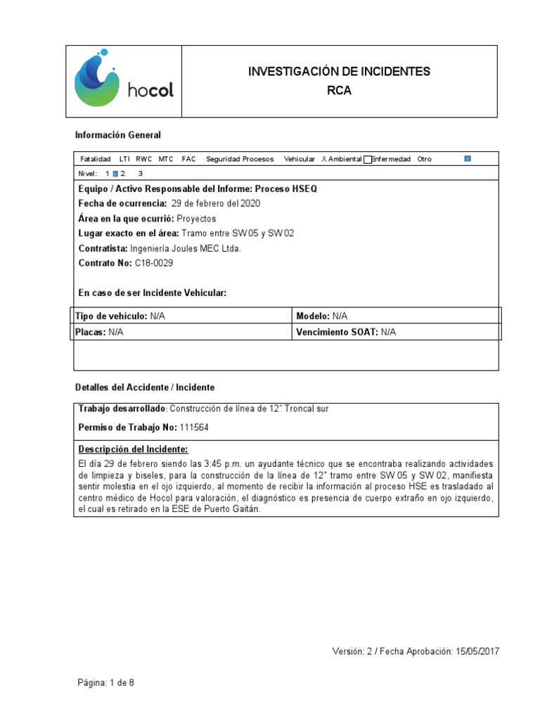 Anexo 2. Formato Investigación RCA Incidente Ojo Izquierdo | PDF ...