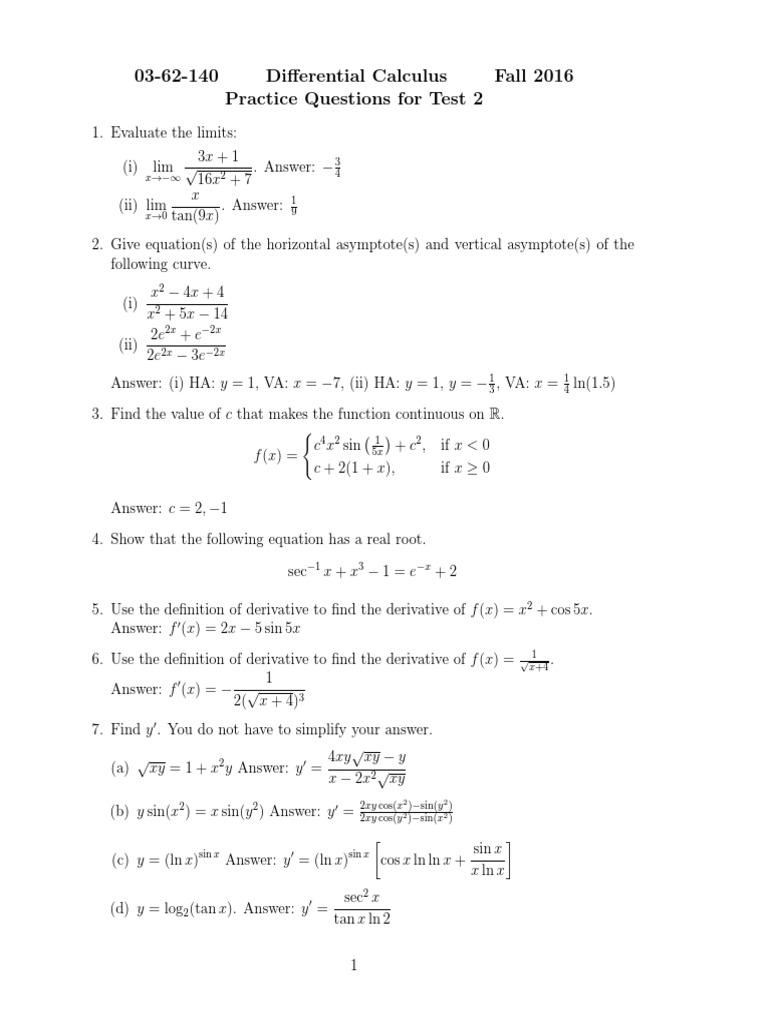 Calculus Midterm Practice 1 | PDF | Derivative | Asymptote