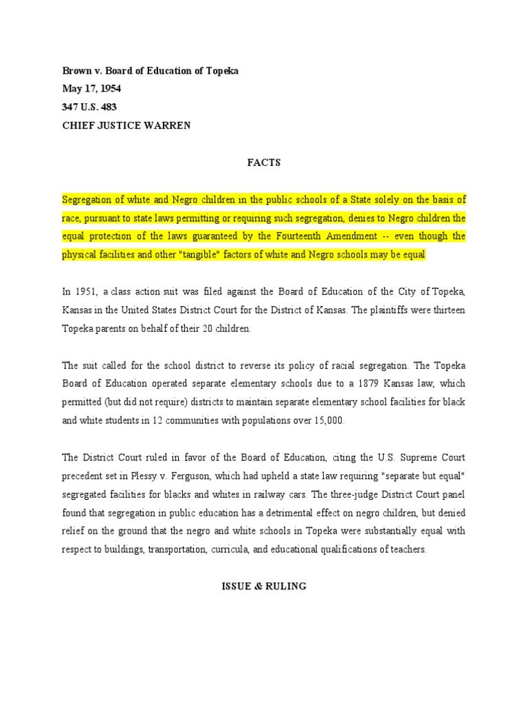 Brown v. Board of Education of Topeka May 17, 1954 347 U.S. 483 Chief ...