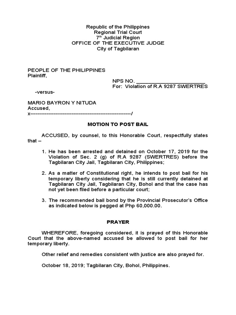 Motion To Post Bail | PDF | Bail | Prosecutor