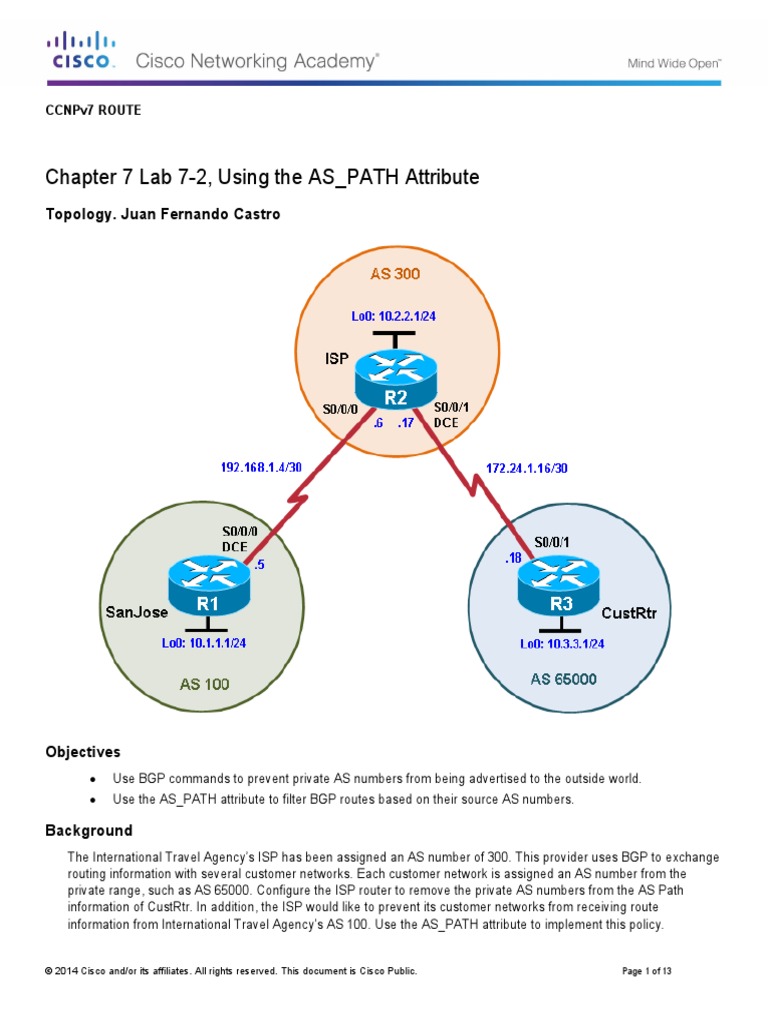 Chapter 7 Lab 7-2, Using The AS - PATH Attribute: Topology. Juan Fernando Castro | PDF | Router ...