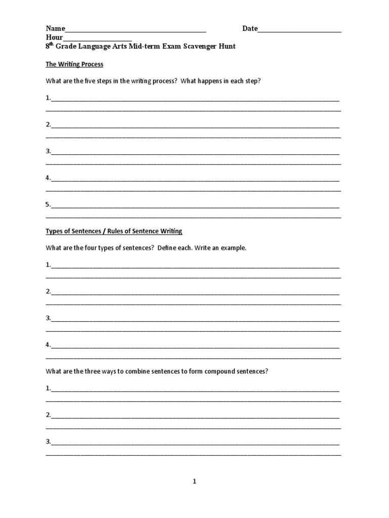 8th Grade Language Arts Semester Exam Scavenger Hunt Study Guide PDF
