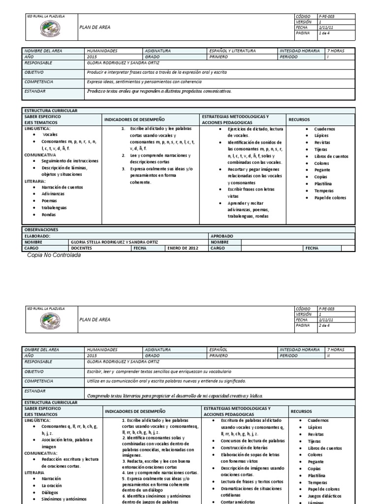 1 F Pe 003 Plan De Area Español Grado Primero Pdf