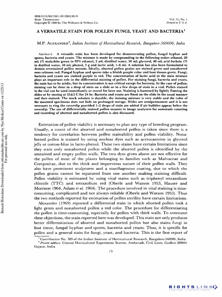 Alexander 1980 | PDF | Staining | Pollen