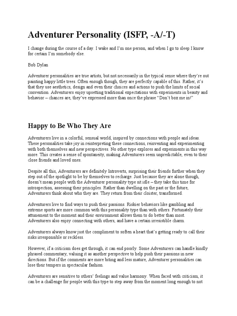 Adventurer Personality ISFP | PDF | Criticism | Psychological Egoism